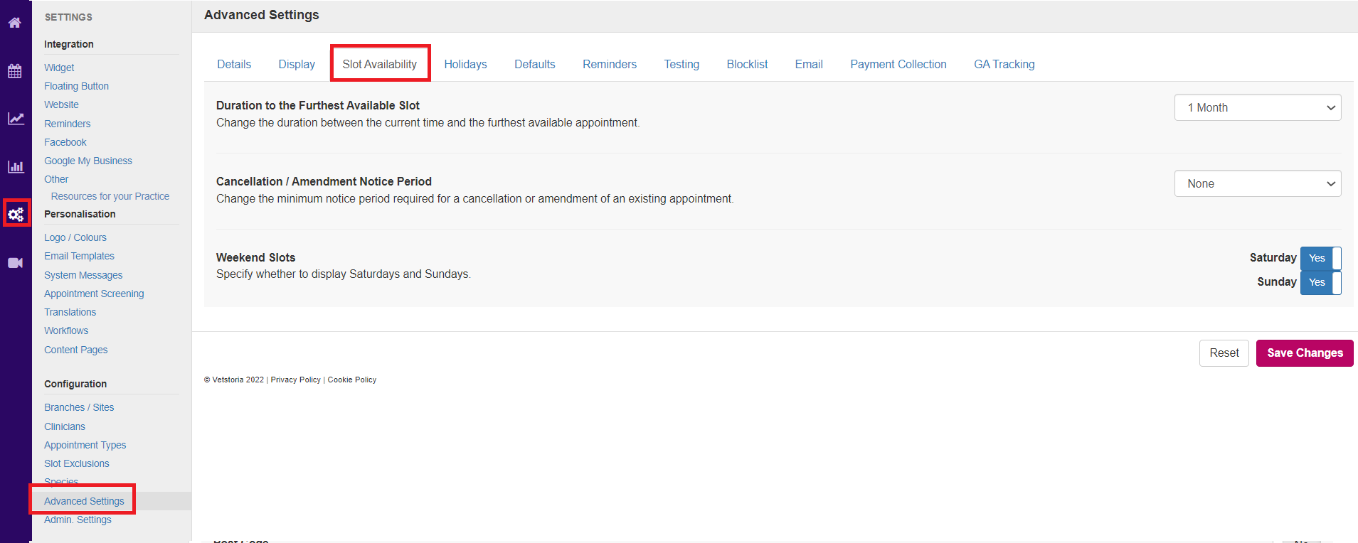 Configuring options for Slot Availability – Online Booking