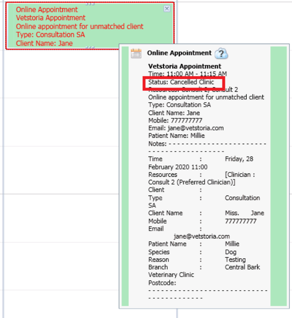 How is a cancelled appointment displayed in VisionVPM? – Online Booking