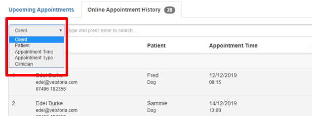 Elements in Appointment history – Online Booking